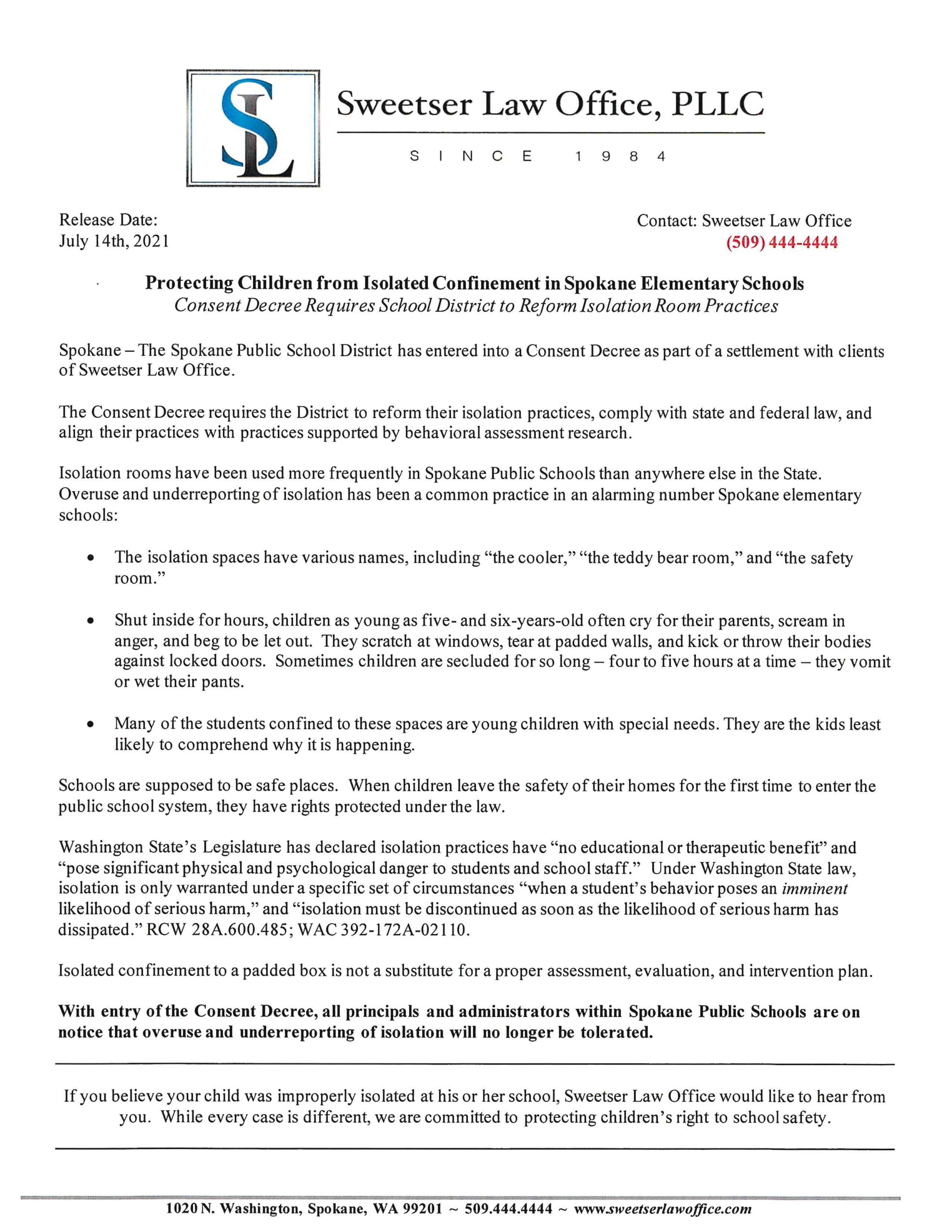 Protecting Kids from Isolated Confinement in Elementary Schools